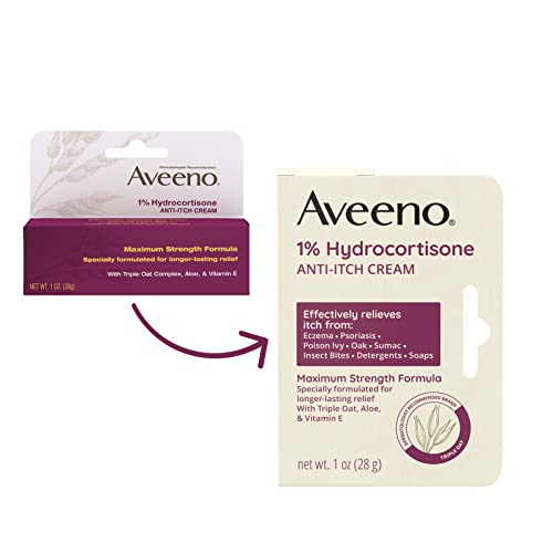 Aveeno Maximum Strength 1% Hydrocortisone Anti-Itch Cream, Triple Oat, Aloe & Vitamin E for Itch Relief from Eczema, Psoriasis, Insect Bites, Poison Ivy, Oak & Sumac & Detergents, 1 oz