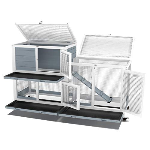 GDLF Two Floors 58" Wooden Indoor Bunny Hutch Rabbit Cage on Wheels Guinea Pig PET House for Small to Medium Animals Waterproof No Leak Tray