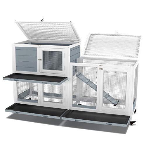 GDLF Two Floors 58" Wooden Indoor Bunny Hutch Rabbit Cage on Wheels Guinea Pig PET House for Small to Medium Animals Waterproof No Leak Tray
