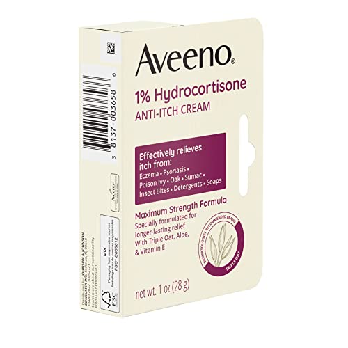 Aveeno Maximum Strength 1% Hydrocortisone Anti-Itch Cream, Triple Oat, Aloe & Vitamin E for Itch Relief from Eczema, Psoriasis, Insect Bites, Poison Ivy, Oak & Sumac & Detergents, 1 oz