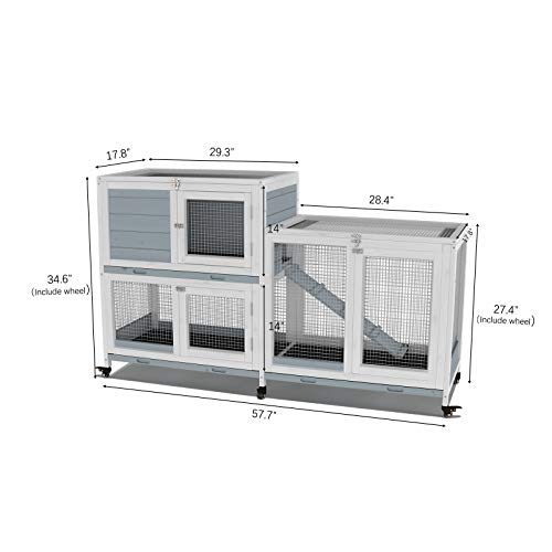GDLF Two Floors 58" Wooden Indoor Bunny Hutch Rabbit Cage on Wheels Guinea Pig PET House for Small to Medium Animals Waterproof No Leak Tray