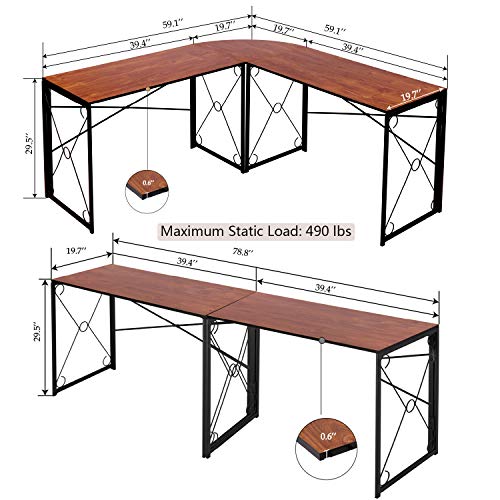 VECELO Computer Corner Desk, 59''x59'' Large L Shaped Home Office Workstation, Industrial Multi-Usage Long 2 Person Table, Easy Assembly/Saving Space, Steel Frame&Wooden Grain, Brown
