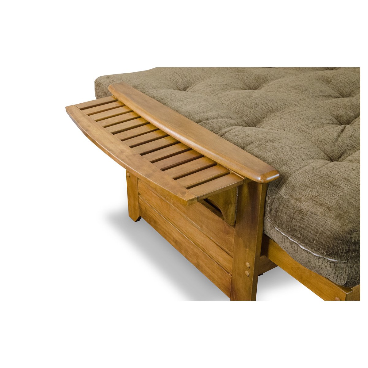 Nirvana Futons Brentwood Tray Arm Futon Frame, Drawers, and Microfiber Khaki Mattress Set - Full, Heritage Finish
