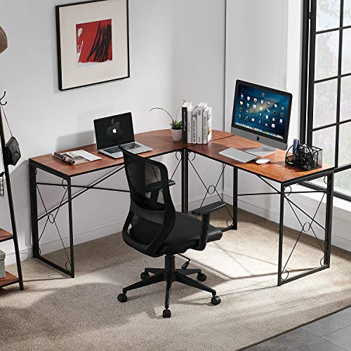 VECELO Computer Corner Desk, 59''x59'' Large L Shaped Home Office Workstation, Industrial Multi-Usage Long 2 Person Table, Easy Assembly/Saving Space, Steel Frame&Wooden Grain, Brown