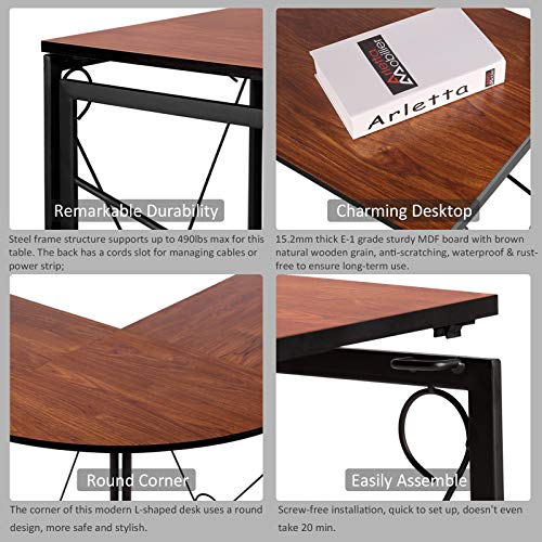 VECELO Computer Corner Desk, 59''x59'' Large L Shaped Home Office Workstation, Industrial Multi-Usage Long 2 Person Table, Easy Assembly/Saving Space, Steel Frame&Wooden Grain, Brown
