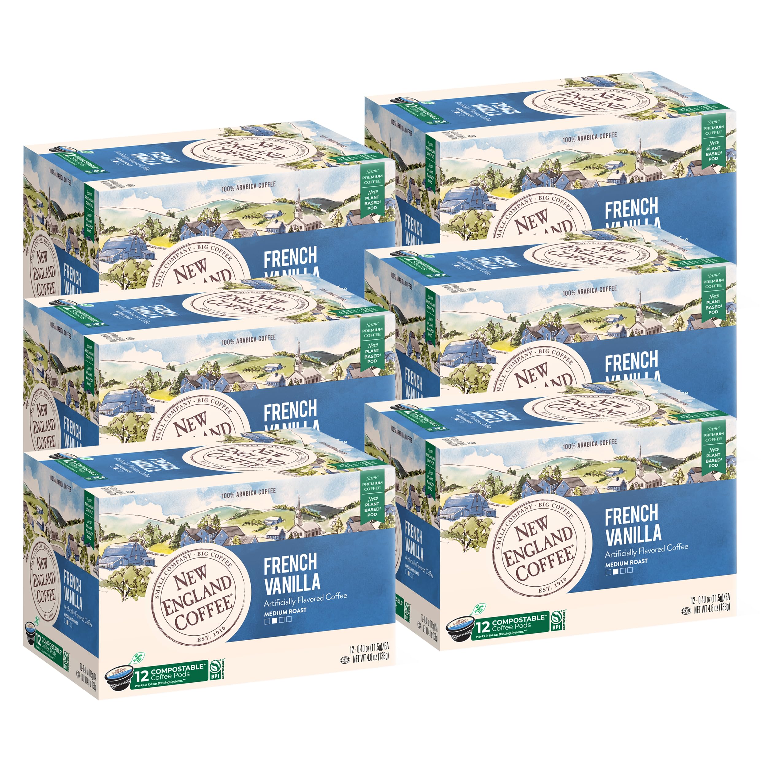 New England Coffee French Vanilla Medium-Roast K-Cup Coffee Pods, 12 Count (Pack of 6), Creamy Vanilla Flavor