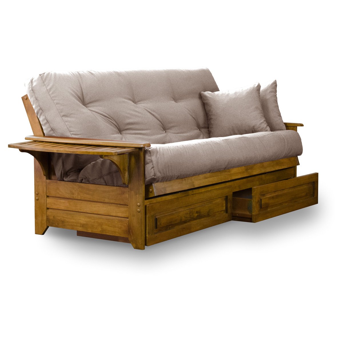 Nirvana Futons Brentwood Tray Arm Futon Frame, Drawers, and Microfiber Khaki Mattress Set - Full, Heritage Finish
