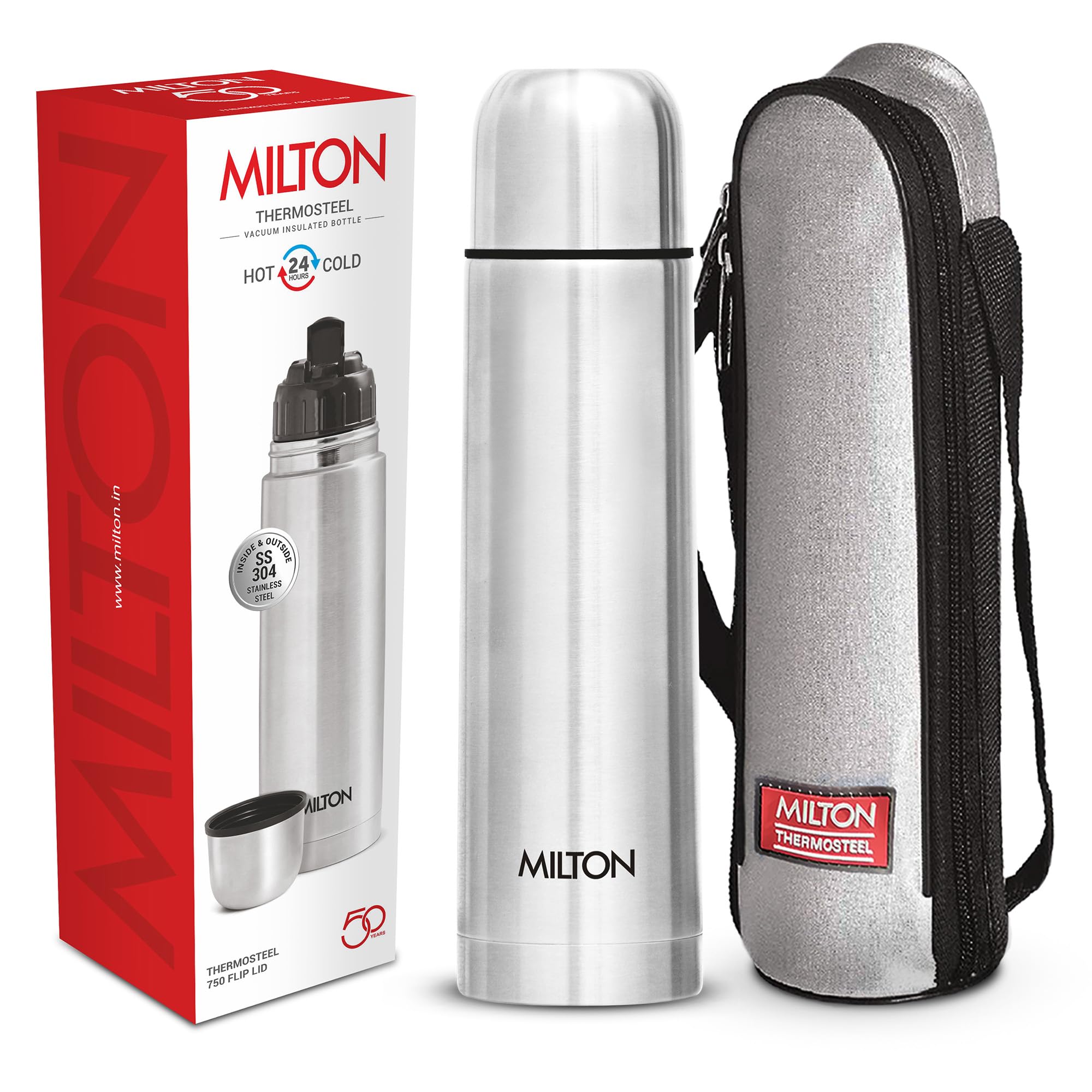 Milton Thermosteel Flip Lid 750, Double Walled Vacuum Insulated Thermos 750 ml | 25 oz | 24 Hours Hot and Cold Water Bottle with Cover, Stainless Steel, BPA Free, Leak Proof | Silver
