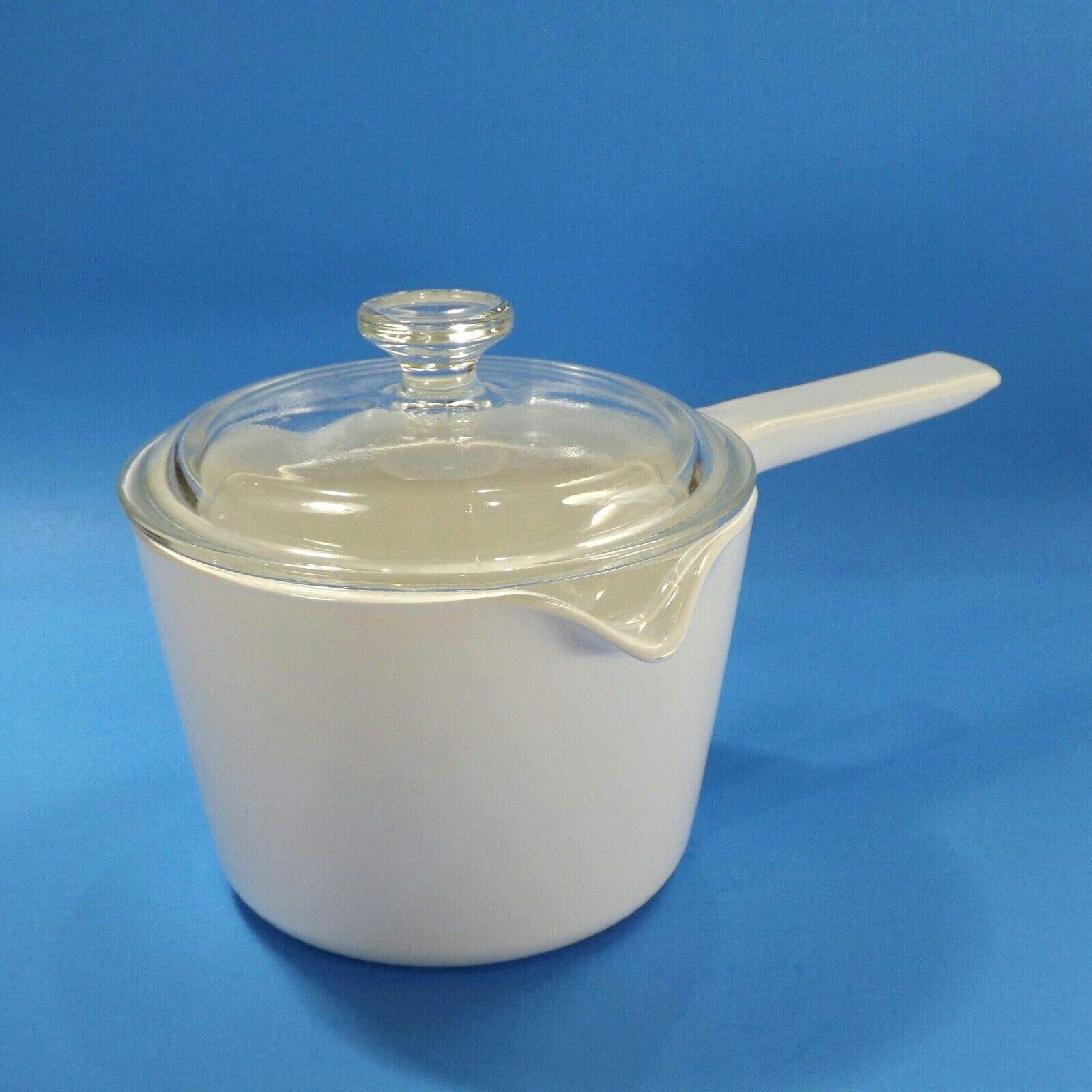 Vintage Corning Ware White 1 Quart Saucepan Pot w/ Double Pour Spouts & Clear Lid USA