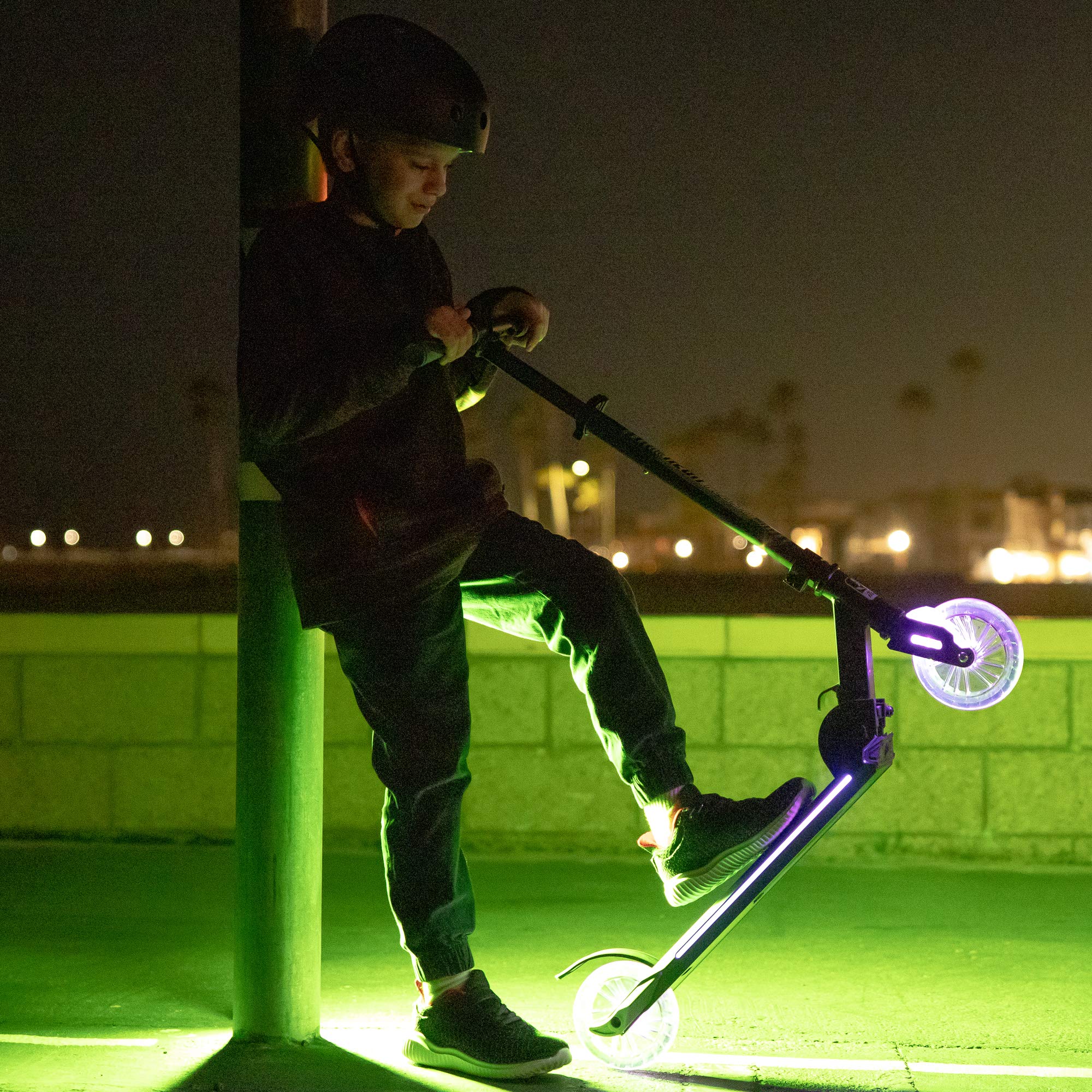 Yvolution Neon Flash Foldable Kids Scooter with Light up Wheels, Easy Folding Scooter with 2 Light up Wheels and and Rear Brake, Adjustable Height LED Scooer, Dynamic Lights Kick Scooter for Kids 5+