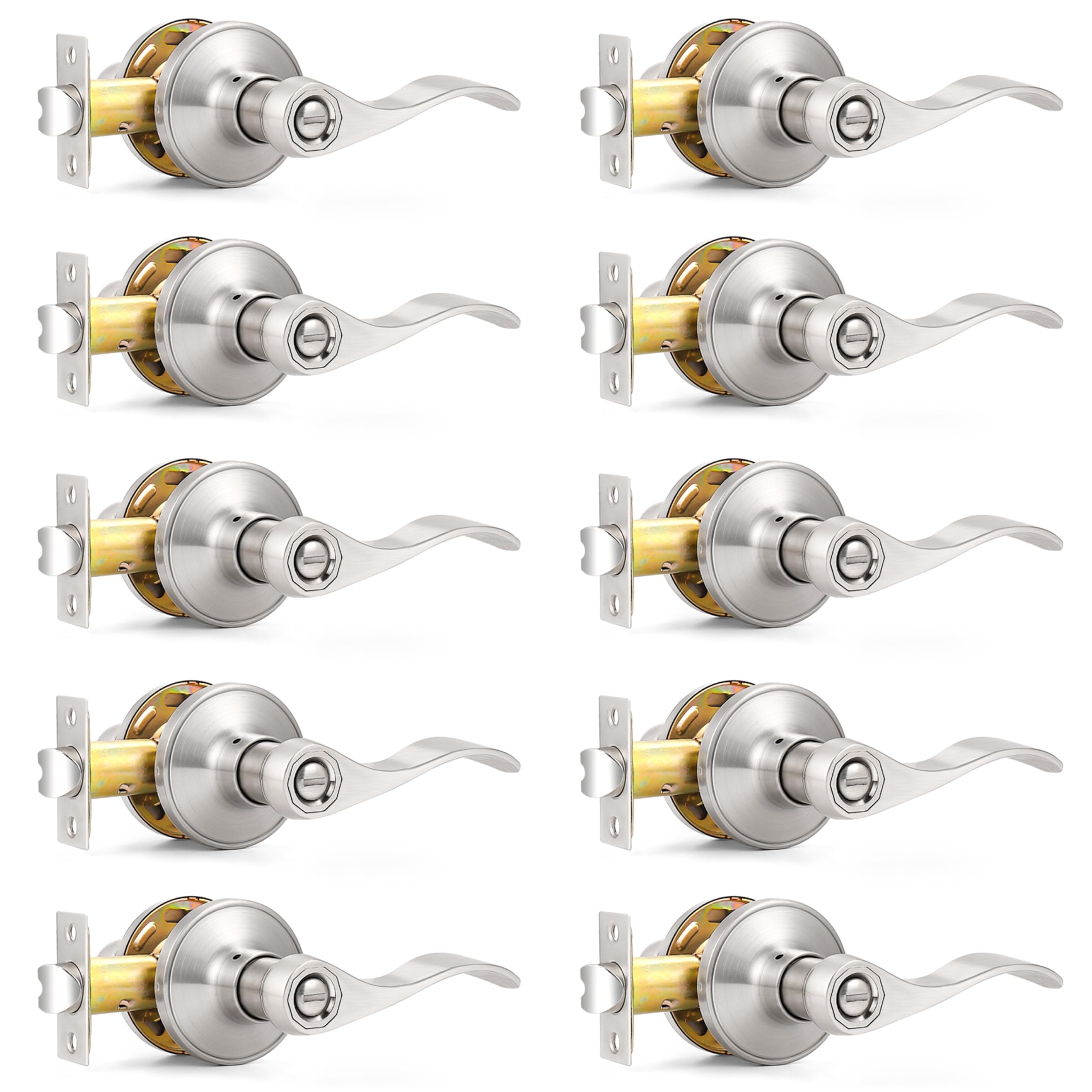 Probrico Bed/Bath Door Levers Wave Style Door Handles in Satin Nickel Wholesale Privacy Door Locks (10 Pack)