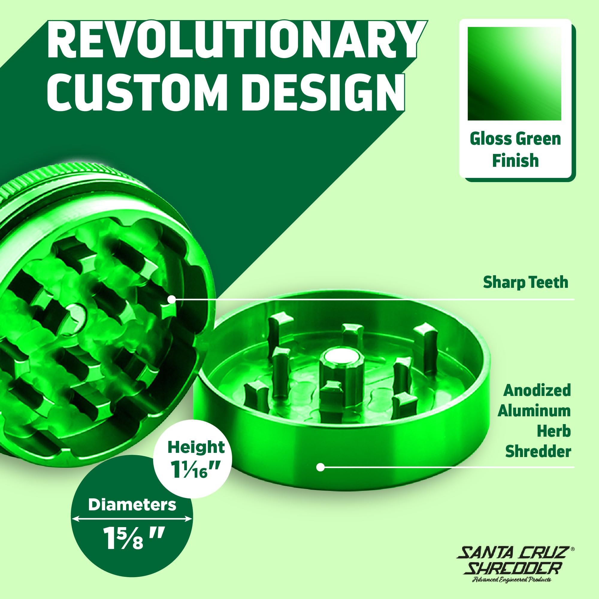 Santa Cruz Shredder Metal Herb Grinder Knurled Top for Stronger Grip 2-Piece Small (Mini) 1.7" (Green)