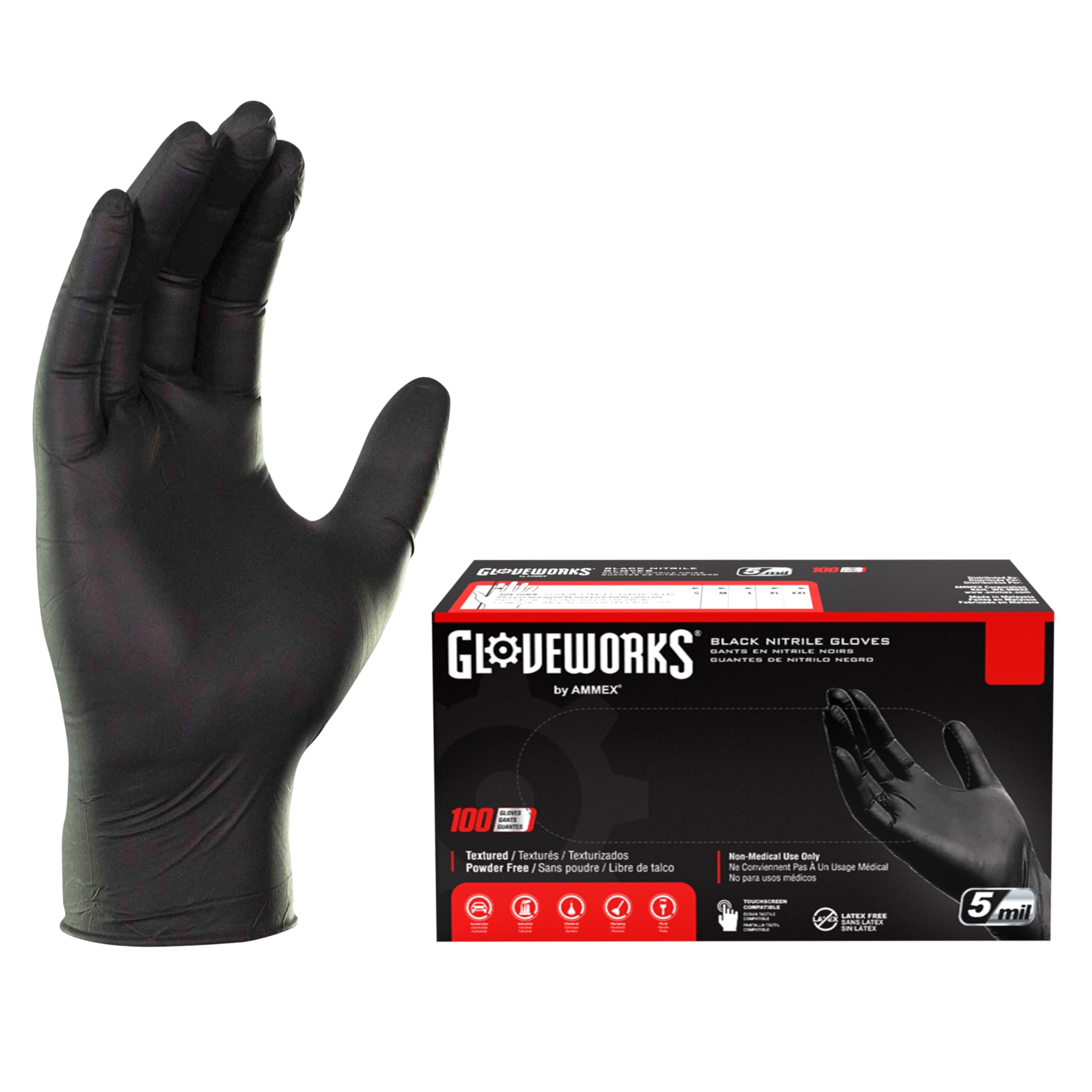 GLOVEWORKS Industrial Black Nitrile Gloves, Box of 100, 5 Mil, Size Small, Latex Free, Powder Free, Textured, Disposable, Food Safe, GPNB42100-BX