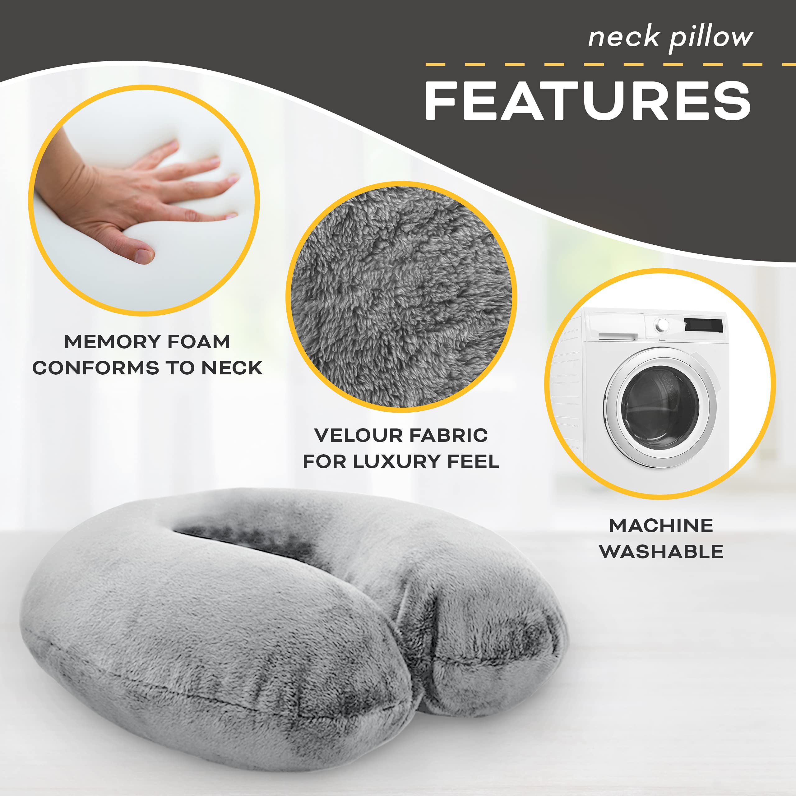 Crafty World Travel Neck Pillow Washable Cover Comfortable Memory Foam Airplane Travel Accessories Essentials Plane Neck Support Pillow for Neck Pain Relief and Sleeping Grey