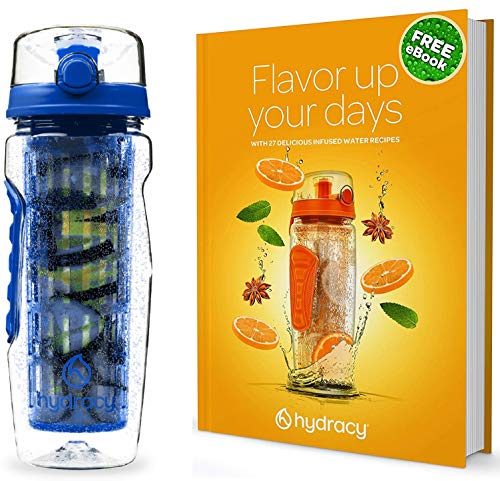 Hydracy Fruit Infuser Water Bottle - 32 oz Sports Bottle - Time Marker & Full Length Infusion Rod + 27 Fruit Infused Water Recipes eBook Gift - Azure Blue