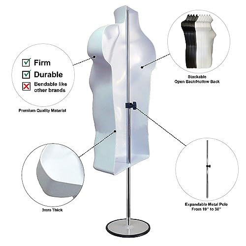 DisplayTown 1 Pack White Male Mannequin Torso with Metal Stand Dress Form Tshirt Display Countertop Hollow Back Body with Metal Pole & Hanging Hook S-M Clothing Sizes