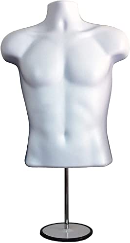DisplayTown 1 Pack White Male Mannequin Torso with Metal Stand Dress Form Tshirt Display Countertop Hollow Back Body with Metal Pole & Hanging Hook S-M Clothing Sizes
