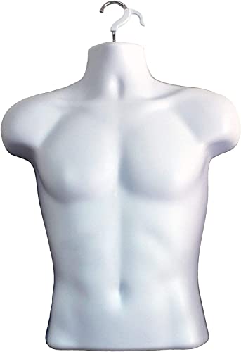 DisplayTown 1 Pack White Male Mannequin Torso with Metal Stand Dress Form Tshirt Display Countertop Hollow Back Body with Metal Pole & Hanging Hook S-M Clothing Sizes