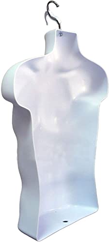 DisplayTown 1 Pack White Male Mannequin Torso with Metal Stand Dress Form Tshirt Display Countertop Hollow Back Body with Metal Pole & Hanging Hook S-M Clothing Sizes