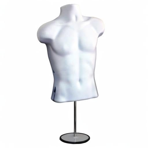 DisplayTown 1 Pack White Male Mannequin Torso with Metal Stand Dress Form Tshirt Display Countertop Hollow Back Body with Metal Pole & Hanging Hook S-M Clothing Sizes