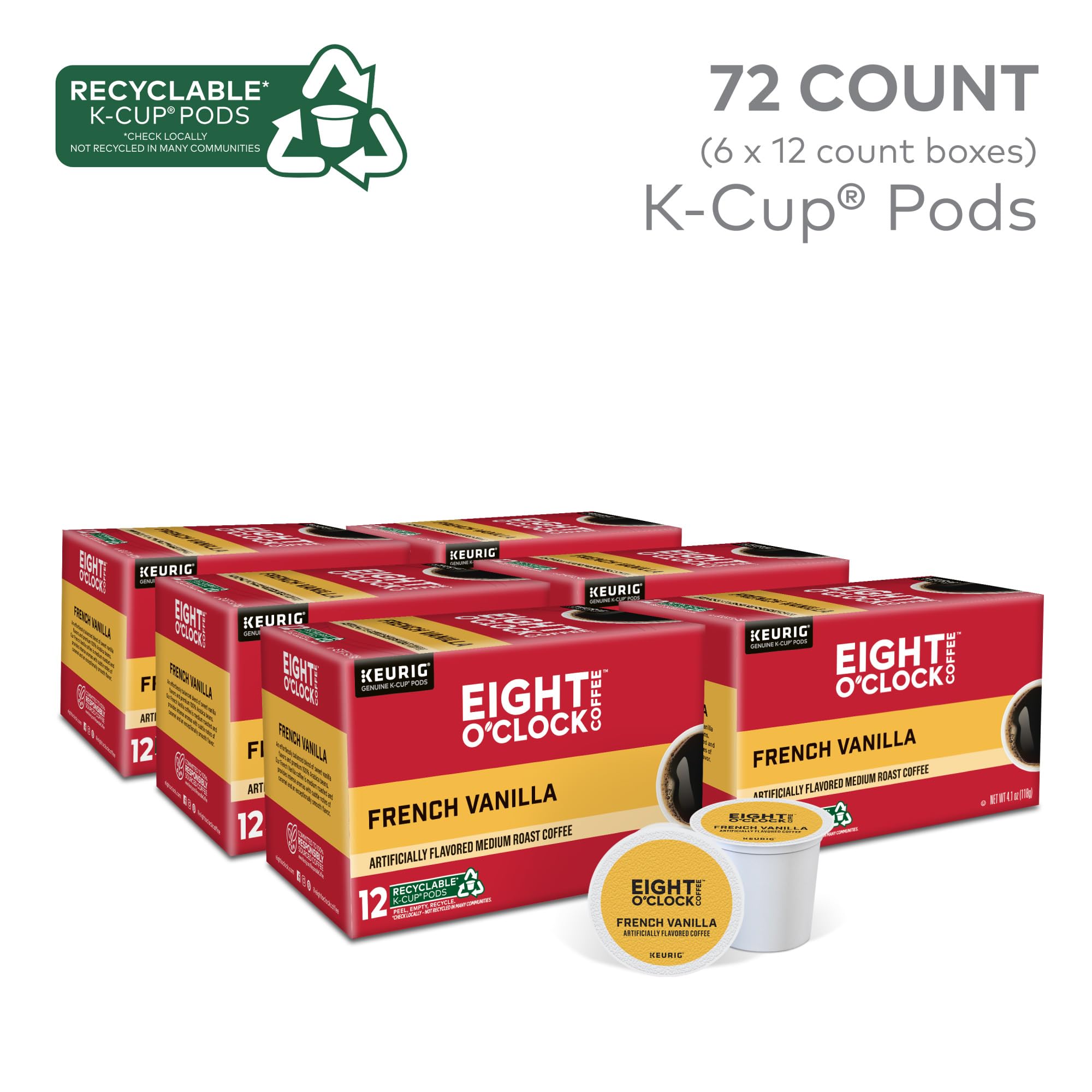 Eight O'Clock Coffee French Vanilla, Keurig Single Serve K-Cup Pods, Light Roast, 72 Count