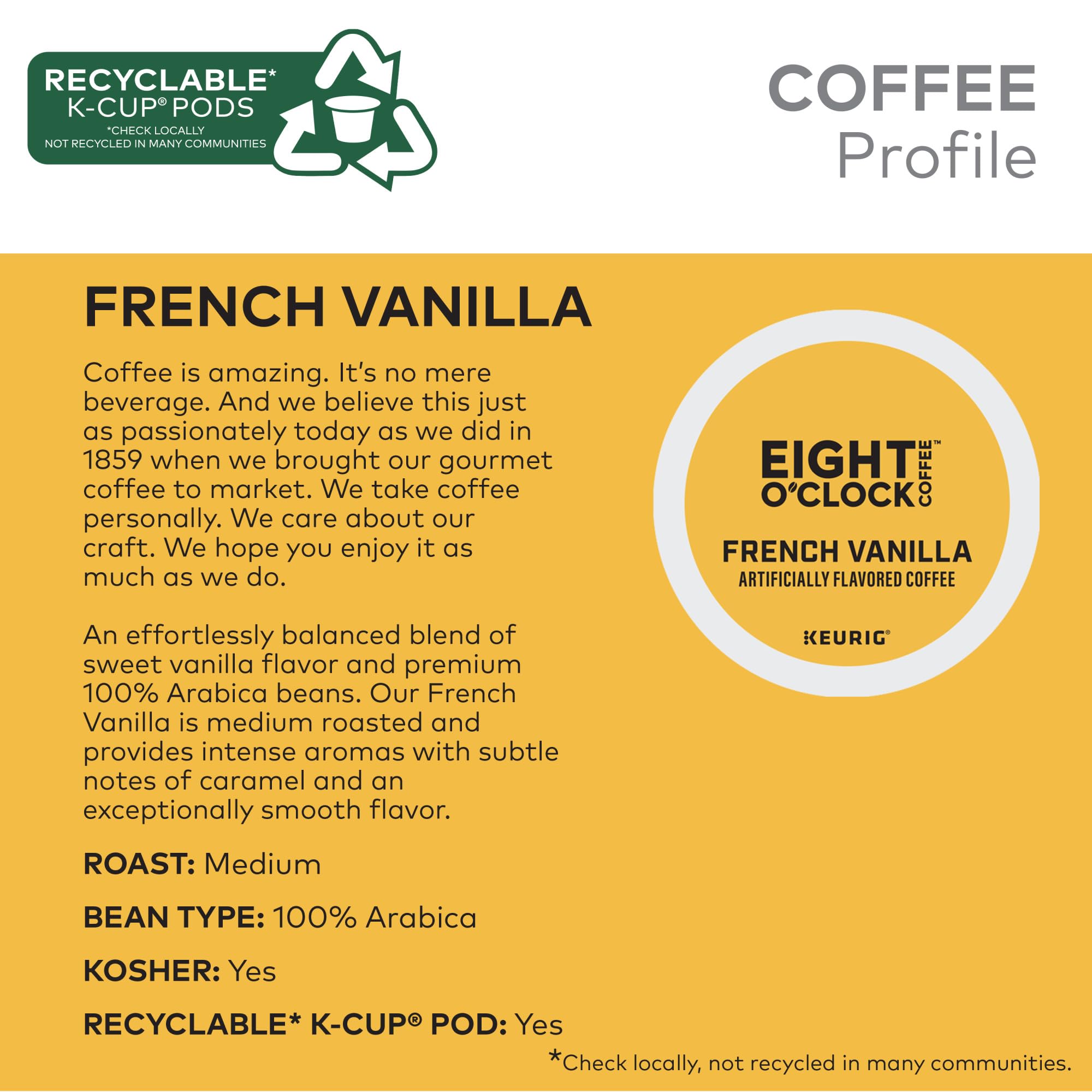 Eight O'Clock Coffee French Vanilla, Keurig Single Serve K-Cup Pods, Light Roast, 72 Count
