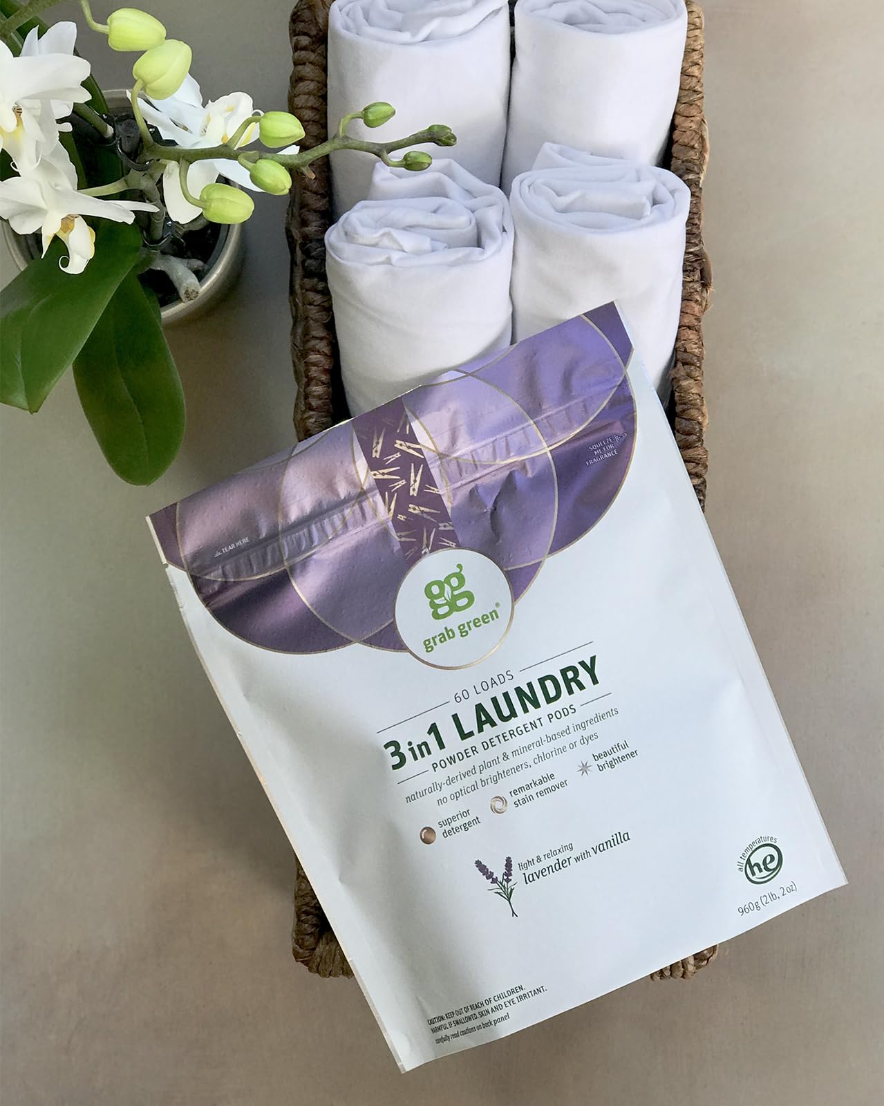 Grab Green 3-in-1 Laundry Detergent Pods, 24 Count, Lavender Vanilla Scent, Plant and Mineral Based, Superior Cleaning Power, Stain Remover, Brightens Clothes