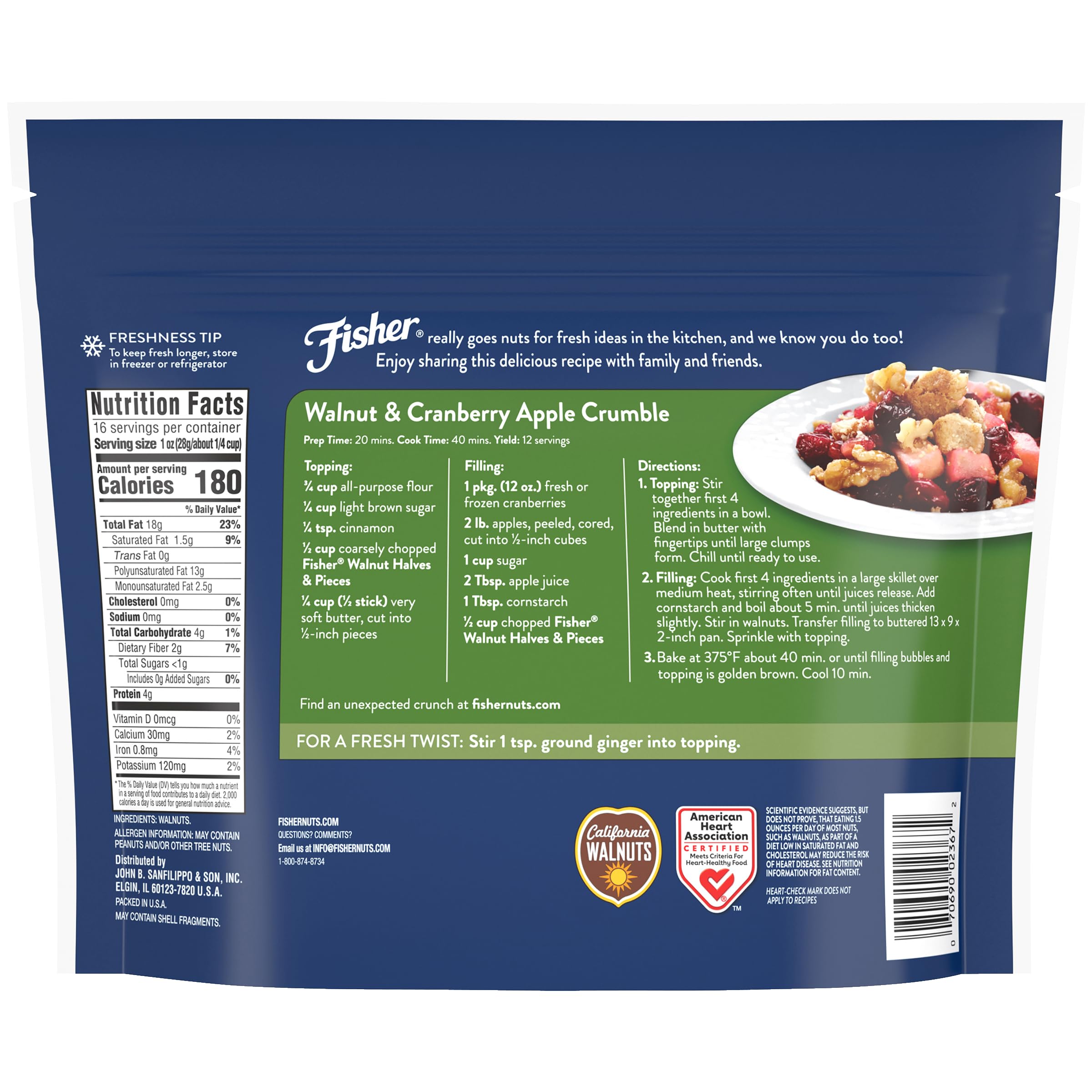 Fisher Chef's Naturals Walnut Halves & Pieces 16 oz, 100% California Unsalted Walnuts for Baking & Cooking, Topping, Resealable Bag, Great with Yogurt & Cereal, Vegan Protein, Keto Snack 1 Pack