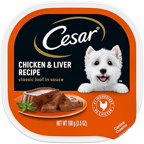 CESAR Adult Wet Dog Food Classic Loaf in Sauce Chicken & Liver Recipe, 3.5 oz. Easy Peel Trays, Pack of 24