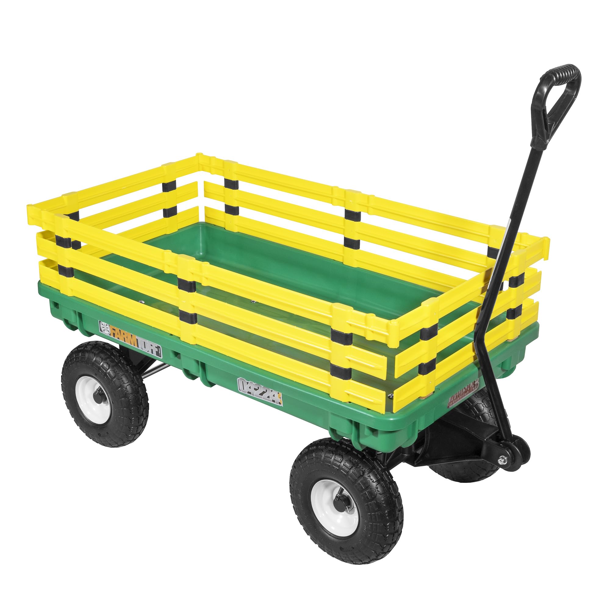 FARM-TUFF Durable Plastic Garden Wagon Utility Cart with Removable Side Racks and Pneumatic Tires for Outdoor Hauling, Green and Yellow, 20" x 38"
