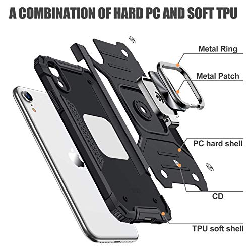 JAME Case for iPhone XR Phone Cases with Screen Protectors 2PCS, Military-Grade Drop Protection, Protective Phone Cases, Car Mount Ring Kickstand Shockproof Bumper Xr Case for iPhone XR 6.1 Inch Black