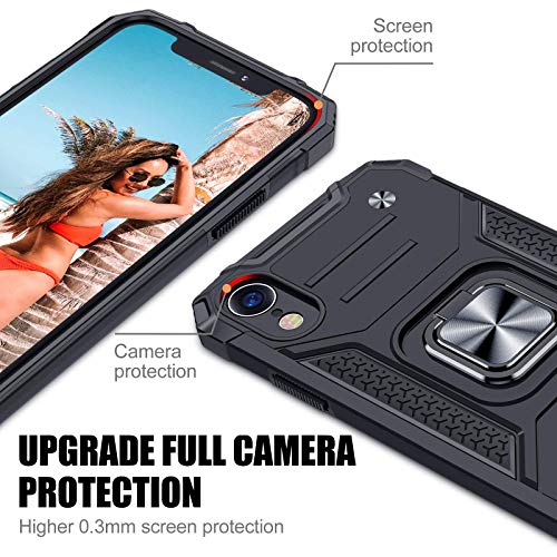 JAME Case for iPhone XR Phone Cases with Screen Protectors 2PCS, Military-Grade Drop Protection, Protective Phone Cases, Car Mount Ring Kickstand Shockproof Bumper Xr Case for iPhone XR 6.1 Inch Black