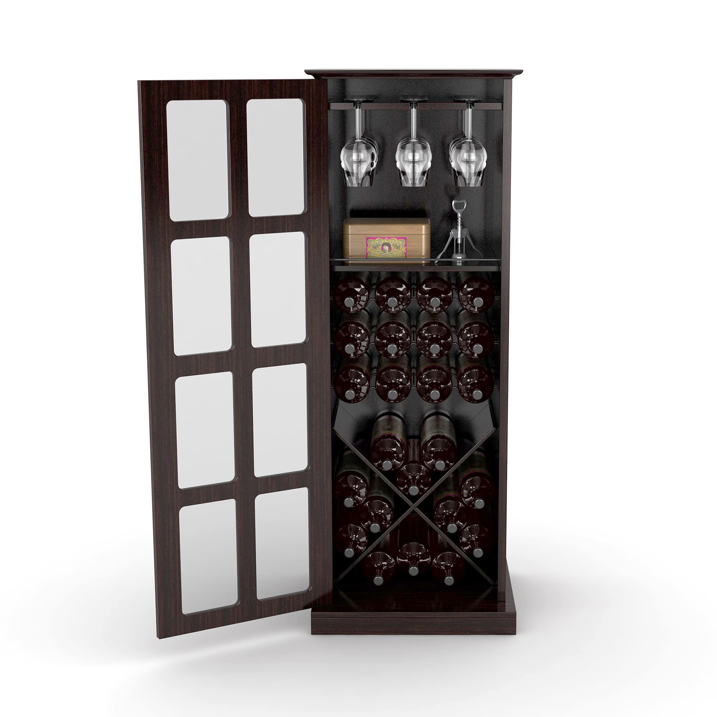 Atlantic Windowpane Wood Wine Cabinet - Store 24 Bottles of Wine, 9 Glasses, Accessory Shelf with Tempered Glass Door in Espresso PN 94835842