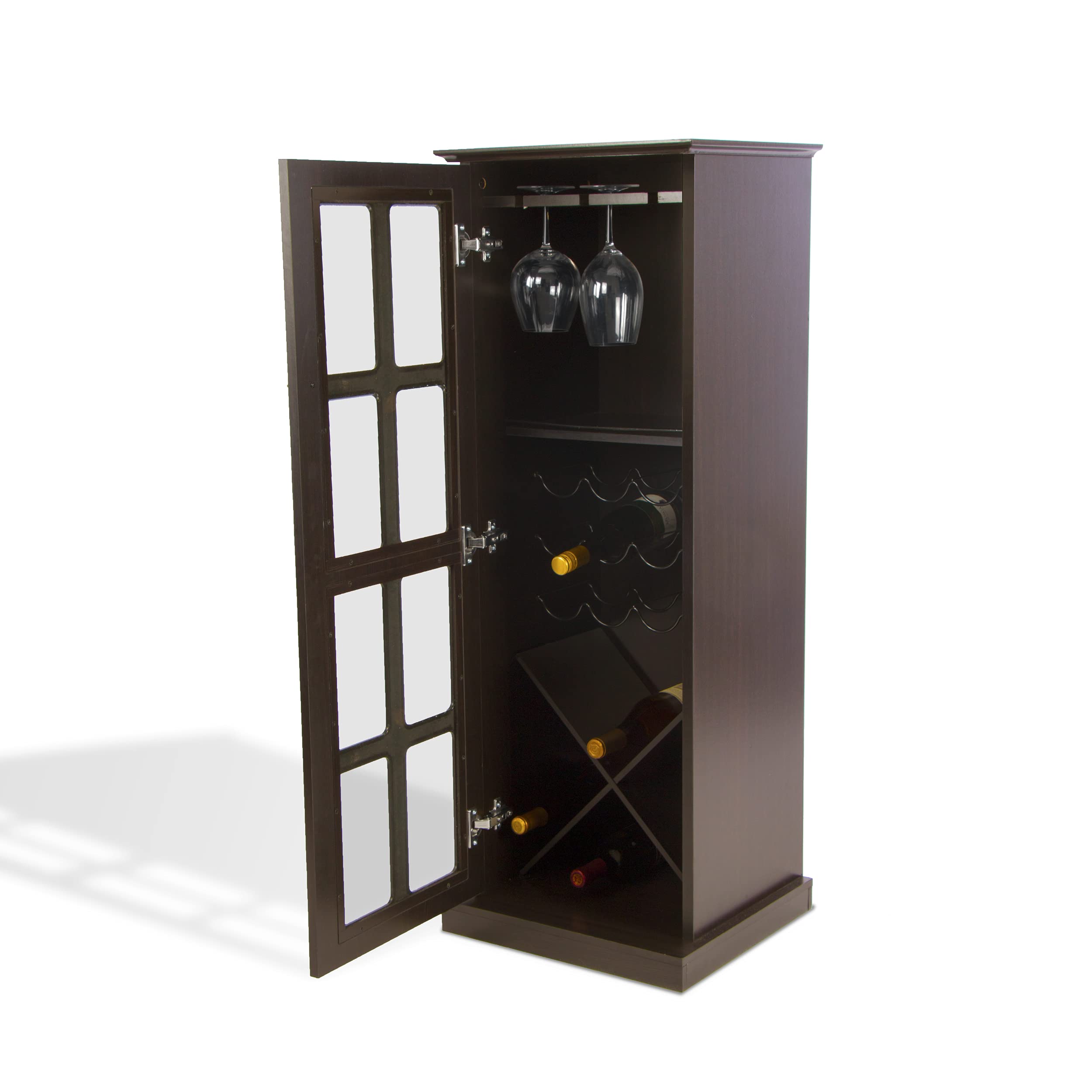 Atlantic Windowpane Wood Wine Cabinet - Store 24 Bottles of Wine, 9 Glasses, Accessory Shelf with Tempered Glass Door in Espresso PN 94835842