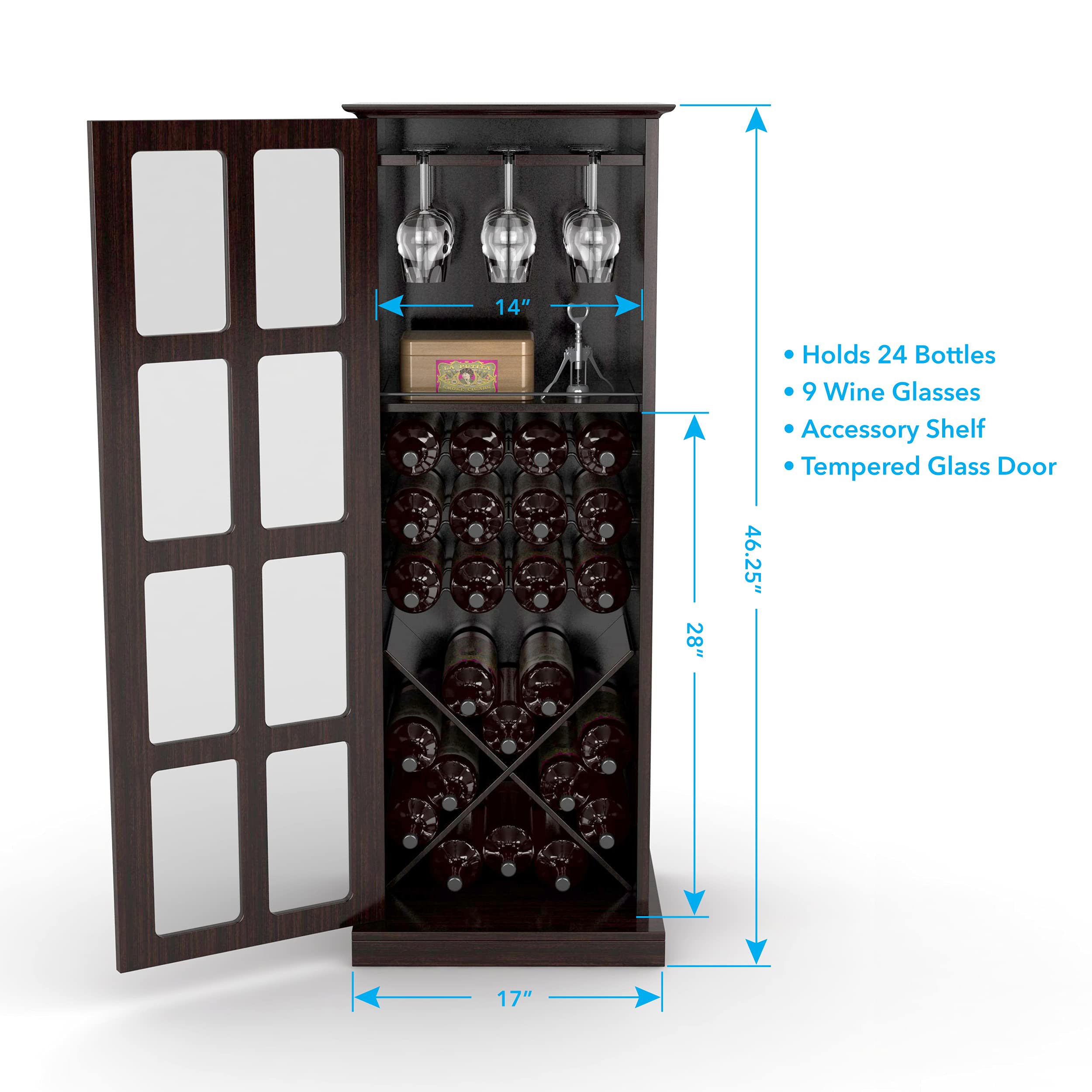 Atlantic Windowpane Wood Wine Cabinet - Store 24 Bottles of Wine, 9 Glasses, Accessory Shelf with Tempered Glass Door in Espresso PN 94835842