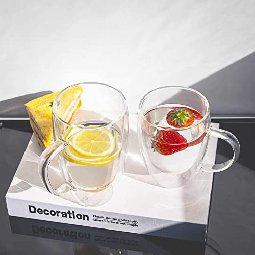 Double Walled Glass Coffee Mugs Glass Mug With Handles Double Wall Cappuccino Cups, 12oz Of Set 2 Coffee tea Mugs, Clear Glasses With Handle