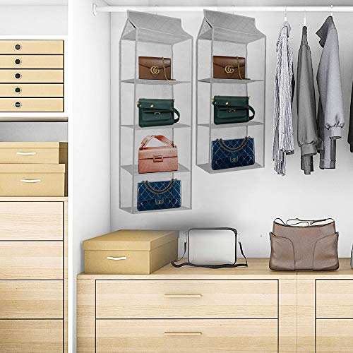 souG 2 Pack Hanging Handbag Purse Organizer for Closet, Purse Bag Storage Holder for Wardrobe Close with 1pcs 4 Shelves Space and 1pcs 3 Shelves Space Saving Purse Organizers System (Grey)