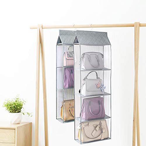 souG 2 Pack Hanging Handbag Purse Organizer for Closet, Purse Bag Storage Holder for Wardrobe Close with 1pcs 4 Shelves Space and 1pcs 3 Shelves Space Saving Purse Organizers System (Grey)