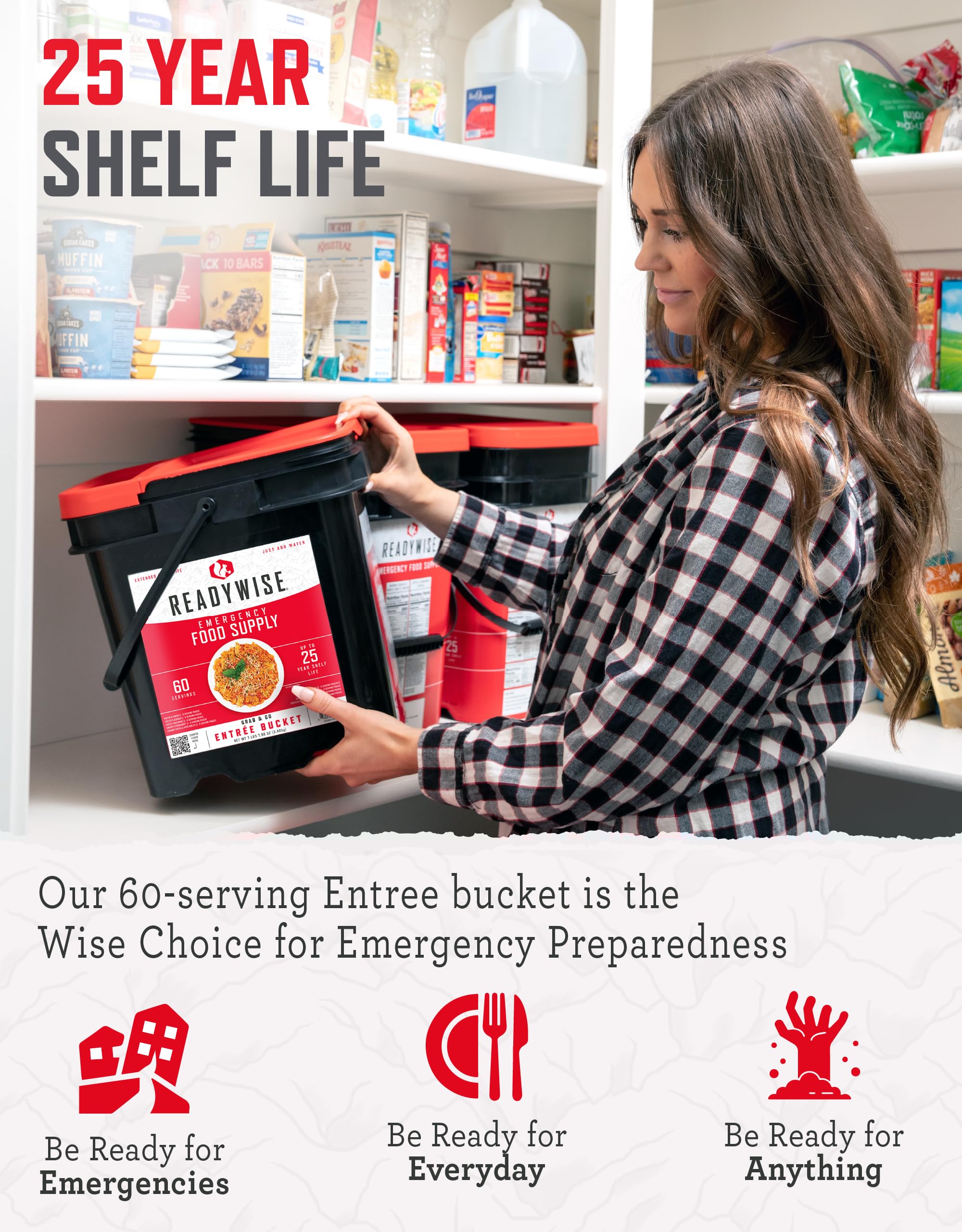 READYWISE - Entrée Grab & Go Bucket, 60 Servings, Emergency, MRE Supply, Premade, Freeze Dried Survival Food for Hiking, Adventure & Camping Essentials, Individually Packaged, 25 Year Shelf Life