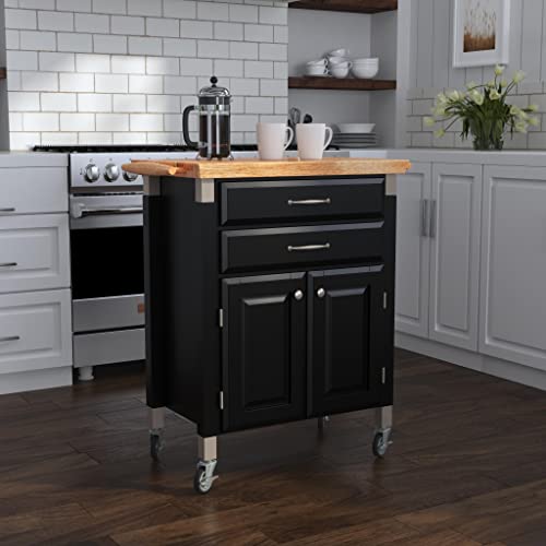 Home Styles Black Dolly Madison Prep and Serve Kitchen Cart with Natural Top, Locking Casters, Two Drawers, Two Storage Cabinets