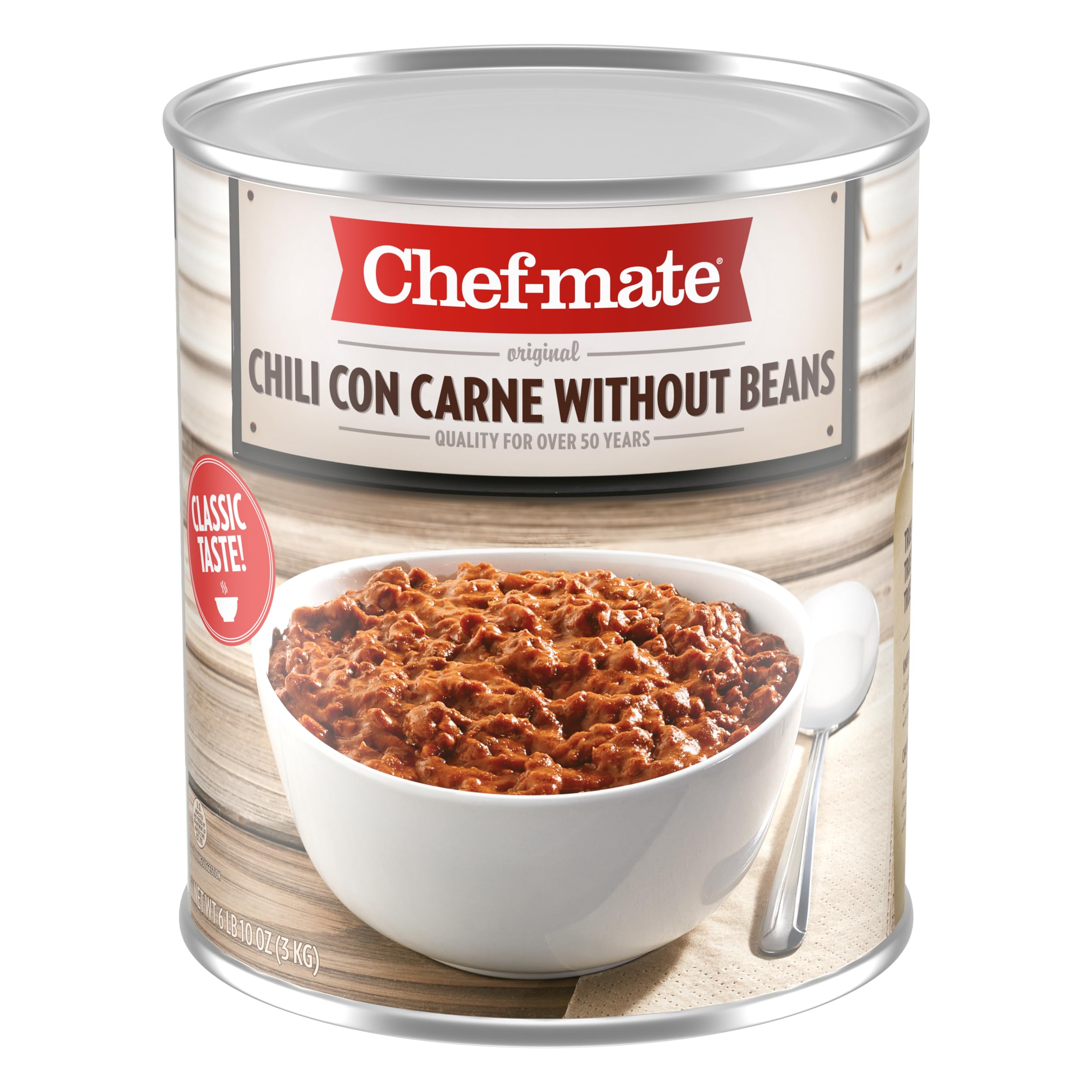Chef-mate Beef Chili, Canned Chili with Meat, No Beans, 6 lb 10 oz (#10 Can Bulk)