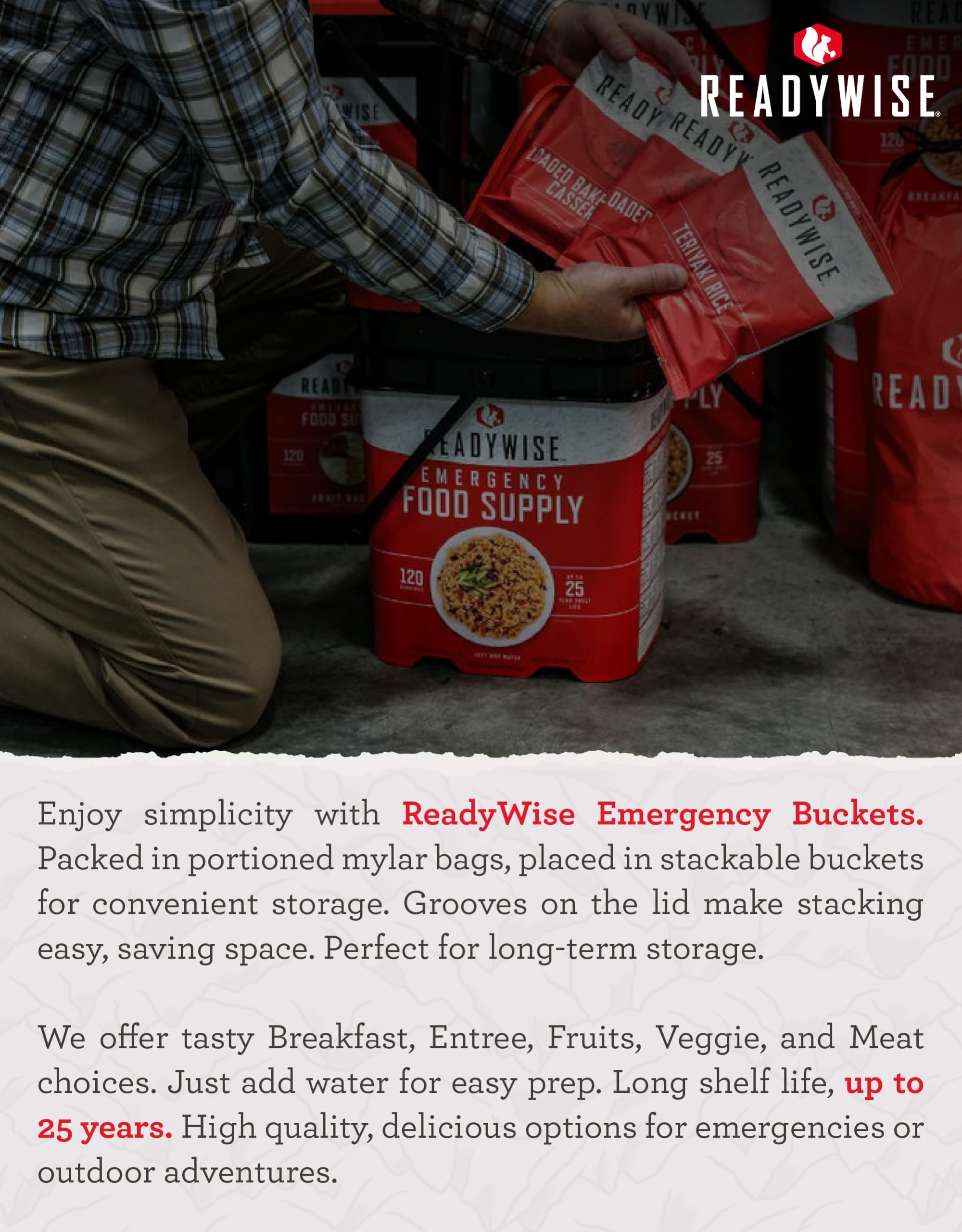 READYWISE - Entrée Grab & Go Bucket, 60 Servings, Emergency, MRE Supply, Premade, Freeze Dried Survival Food for Hiking, Adventure & Camping Essentials, Individually Packaged, 25 Year Shelf Life
