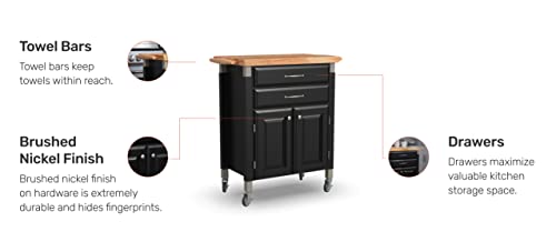 Home Styles Black Dolly Madison Prep and Serve Kitchen Cart with Natural Top, Locking Casters, Two Drawers, Two Storage Cabinets