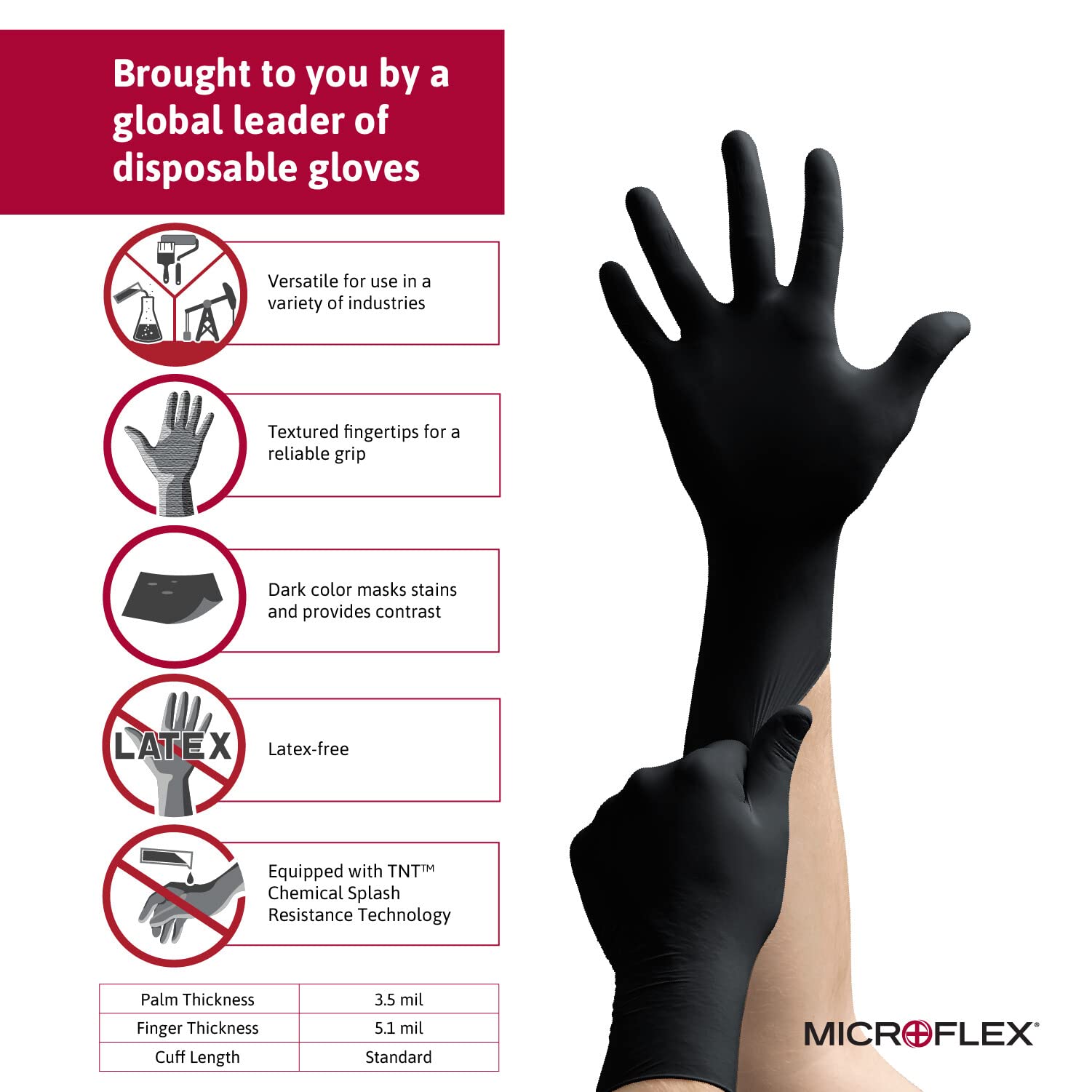 Ansell Microflex Onyx N64 Disposable Nitrile Exam Gloves for Automotive, Metal Fabrication - XL, Black (Box of 100)