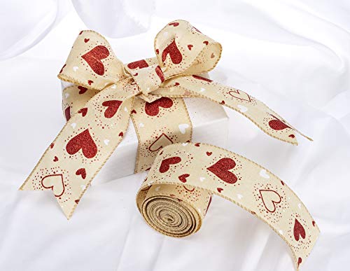 ATRBB Red Glitter Hearts Wired Edge Burlap Ribbon,The Valentine's Day Ribbon for Gift Wrapping and Decorative Bow,10 Yards by 2.5 Inches