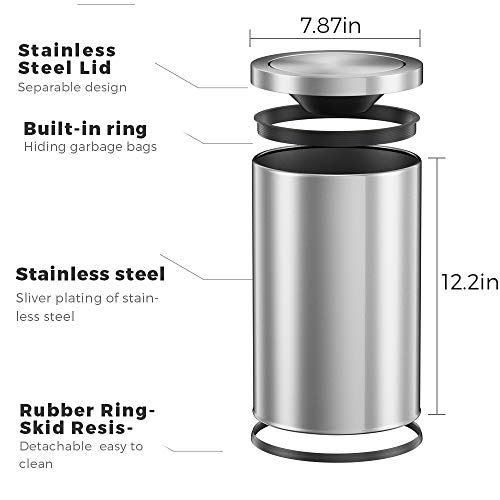 Trash Can with Flipping Lid, 9 L,Trash can with lid，Stainless Steel Trash can,Bathroom Garbage can.Bathroom.Kitchen. Metallic Sliver