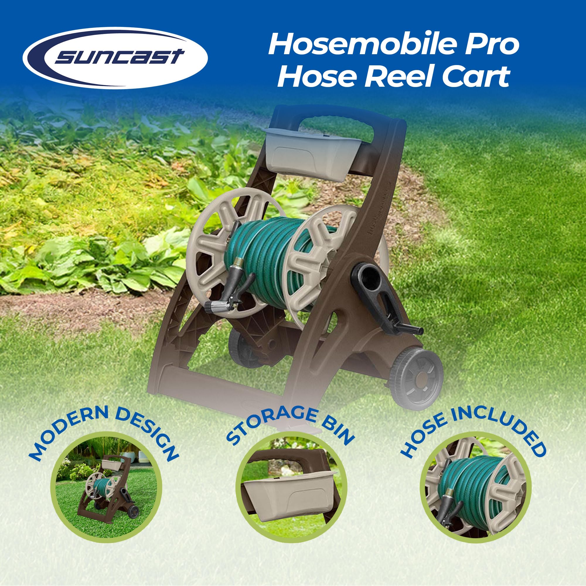 Suncast Hosemobile Portable Garden Hose Reel Cart with Wheels, Crank Handle, and Storage Tray for Gardening Accessories, 225' Hose Capacity, Mocha