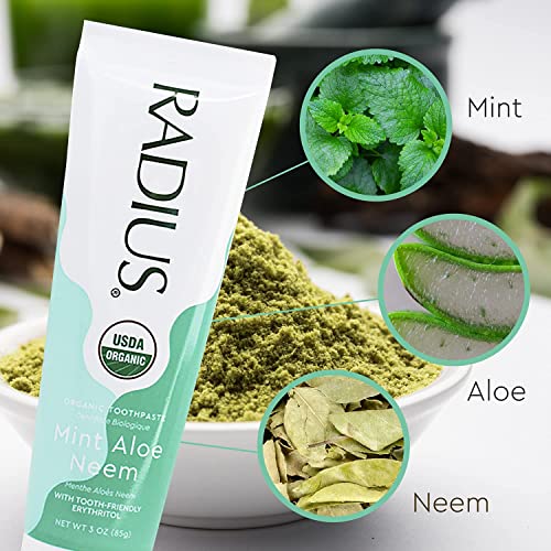 RADIUS USDA Organic Toothpaste 3oz Non Toxic Chemical-Free Gluten-Free Designed to Improve Gum Health & Prevent Cavity - Mint Aloe Neem - Pack of 2
