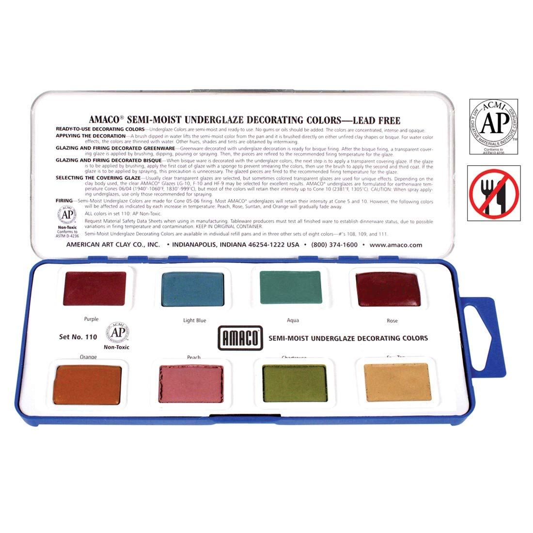 AMACO Non-Toxic Semi-Moist Underglaze Set - C in Pan, 1.5 oz, Assorted Color, Set of 8