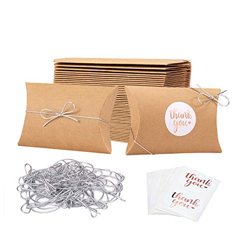 Second Angel 50 Kraft Paper Pillow Boxes With 50 Silver Elastic Tie for Wedding Party Favors, Jewelry, Candy, Soap & Present, Gift Card Holder, Small Gift Boxes, Recycled homemade Packaging